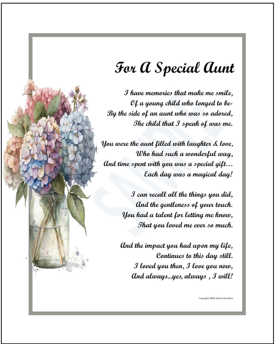 Special Aunt Poem Print Verse, Thank-you Aunt Poem Gift Present ...