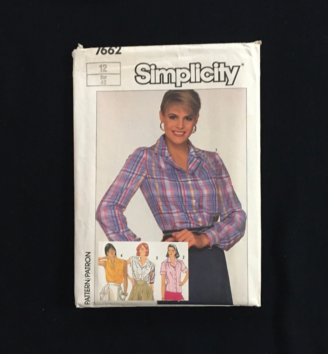 1986 Size 12 SHIRT/BLOUSE Pattern, Simplicity 7662, Button Front, Notch ...