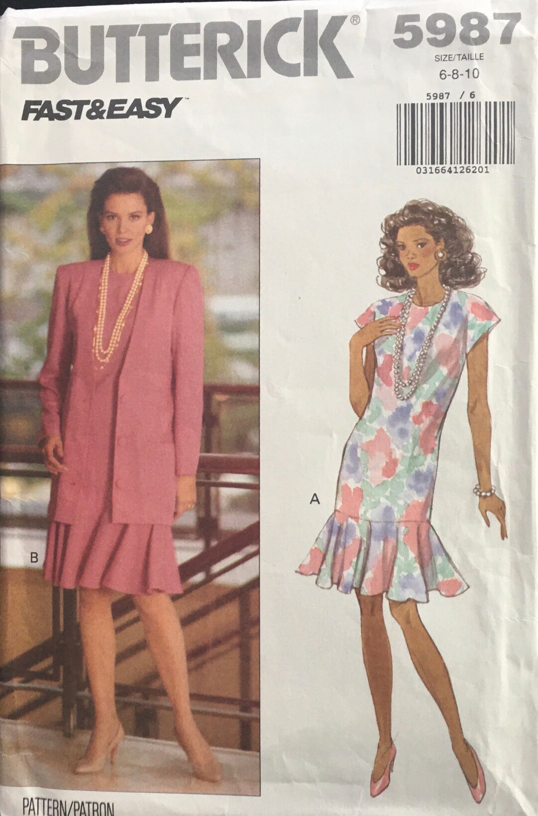 1992 Sizes 6-8-10, Butterick 5987, DRESS and JACKET Pattern; Sassy ...