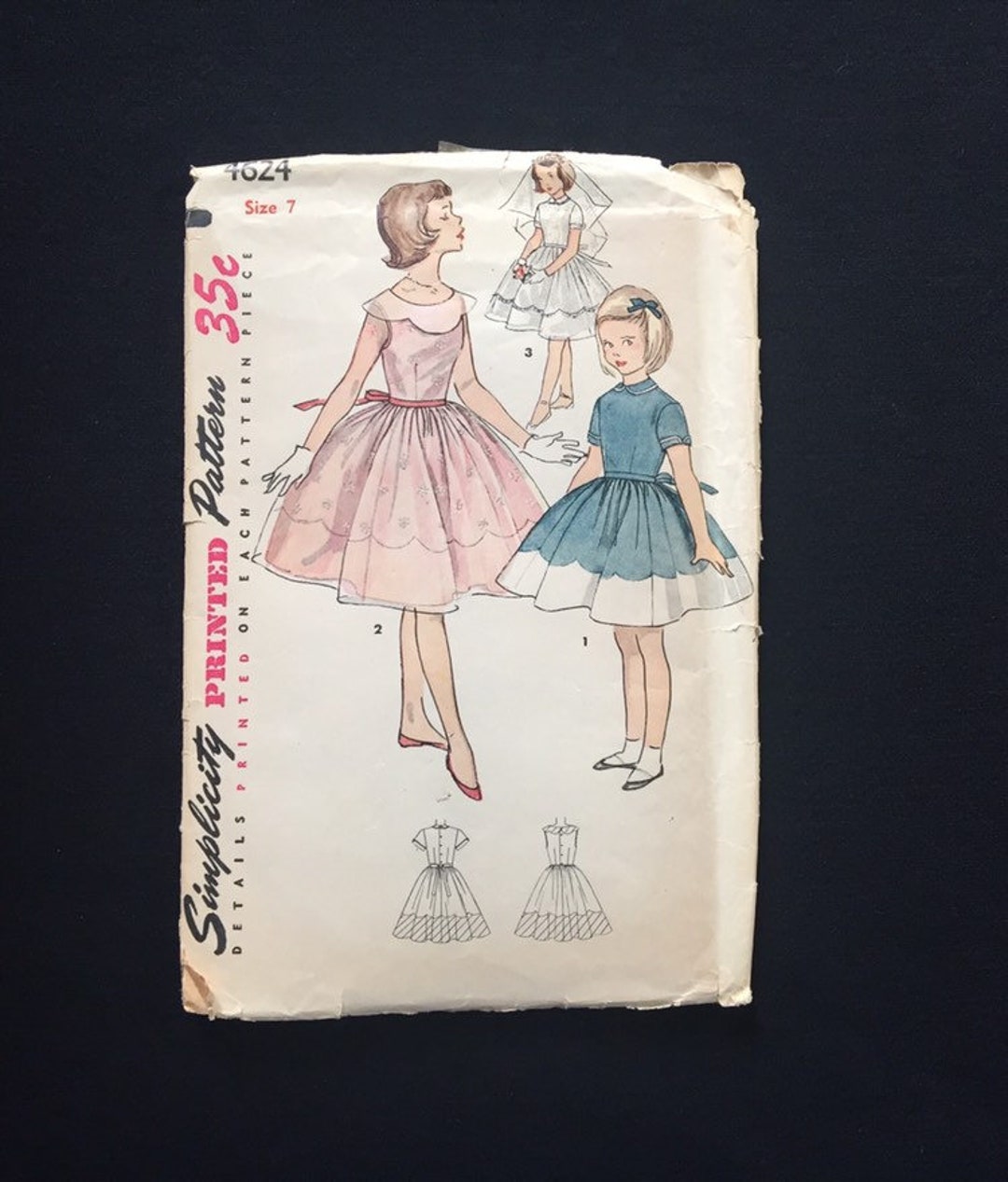 Size 7 1954 GIRLS DRESS PATTERN, Simplicity 4624, Two Very Cute Dresses ...