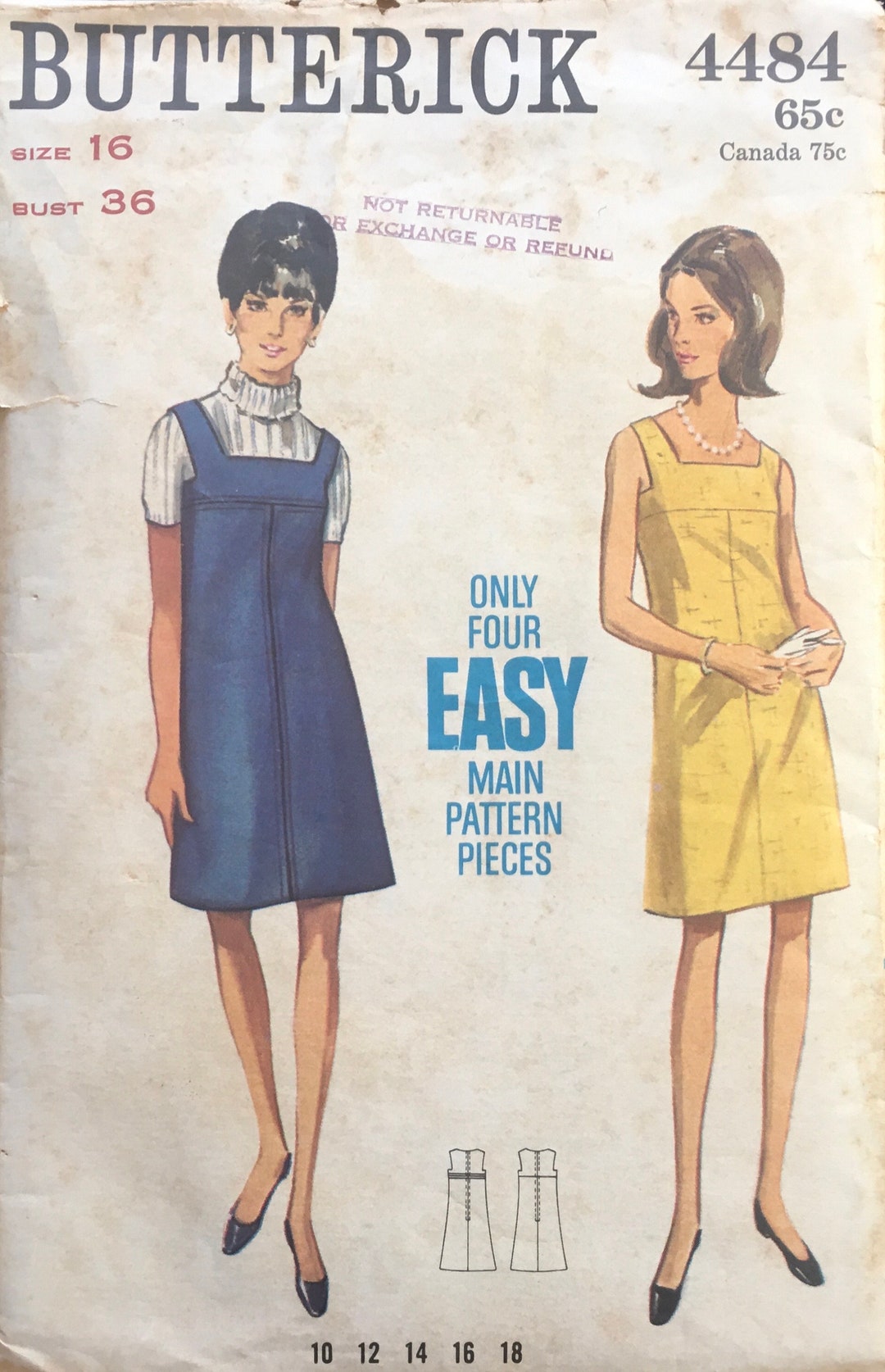 1967 Size 16, Butterick 4484, A-line Sleeveless Dress or Jumper - Etsy