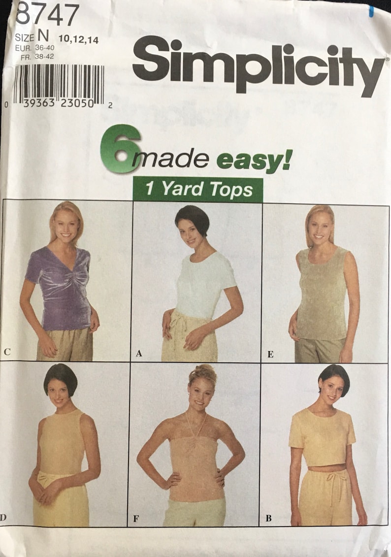 1999 Sizes 10-12-14, SIMPLICITY 8747, BLOUSES, Stretch Knits; Pullover ...