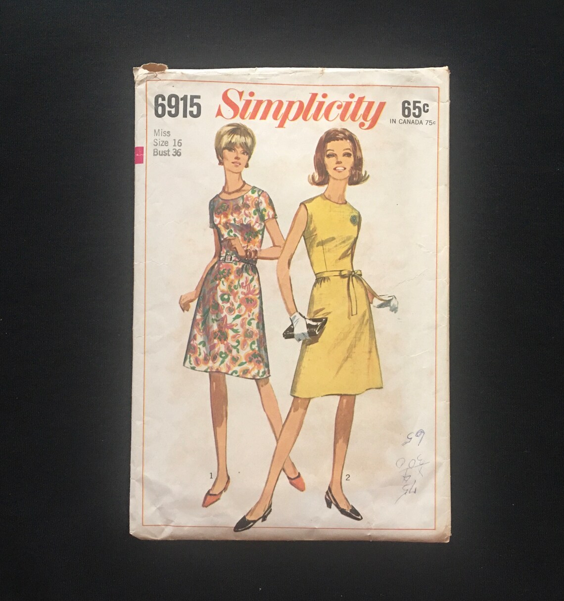 1966 Size 16, Simplicity 6916 DRESS Pattern; Sleeveless or Short ...