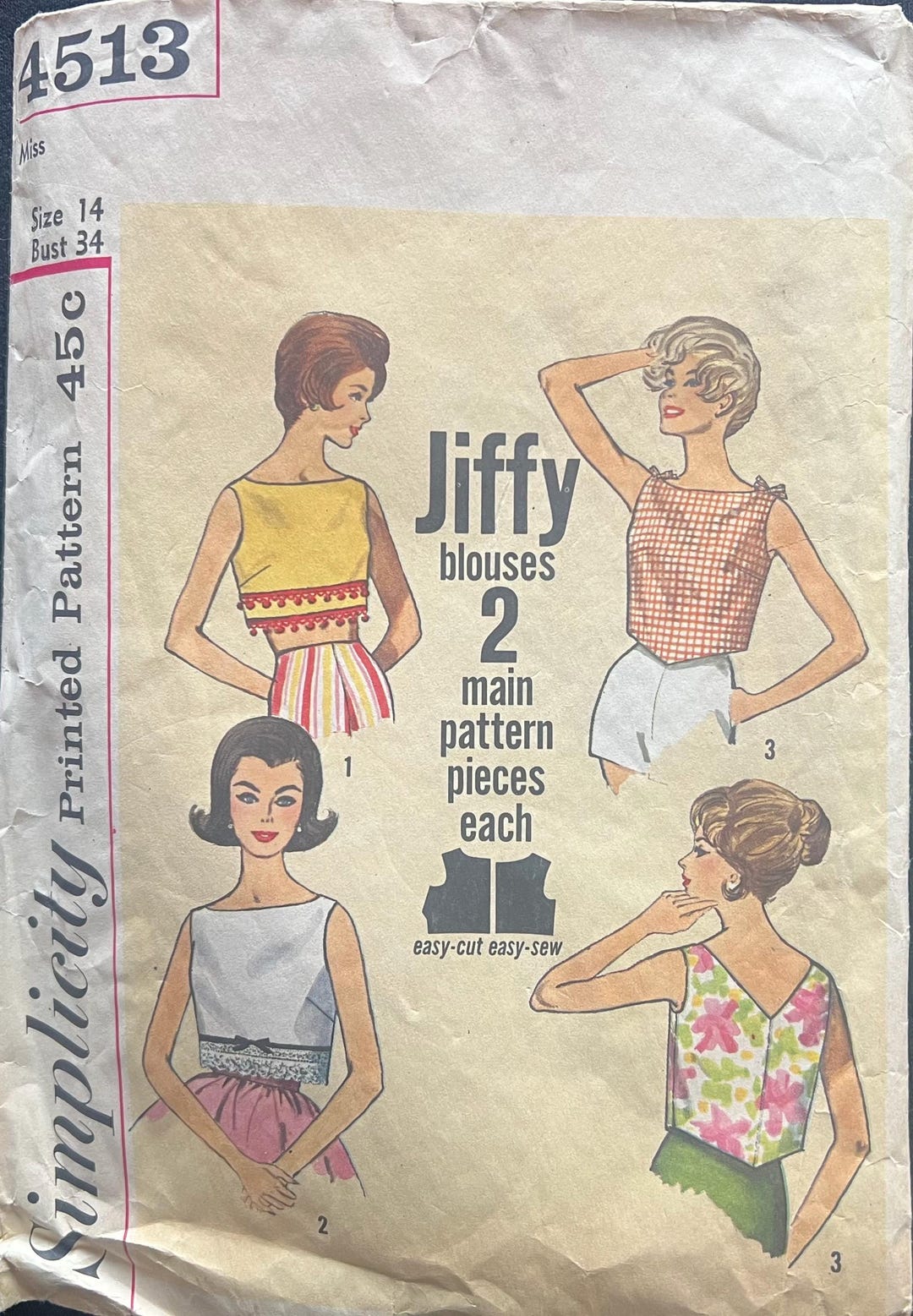 1962 Size 14 “rib-tickler" BLOUSE PATTERN, Simplicity 4513: Jiffy ...