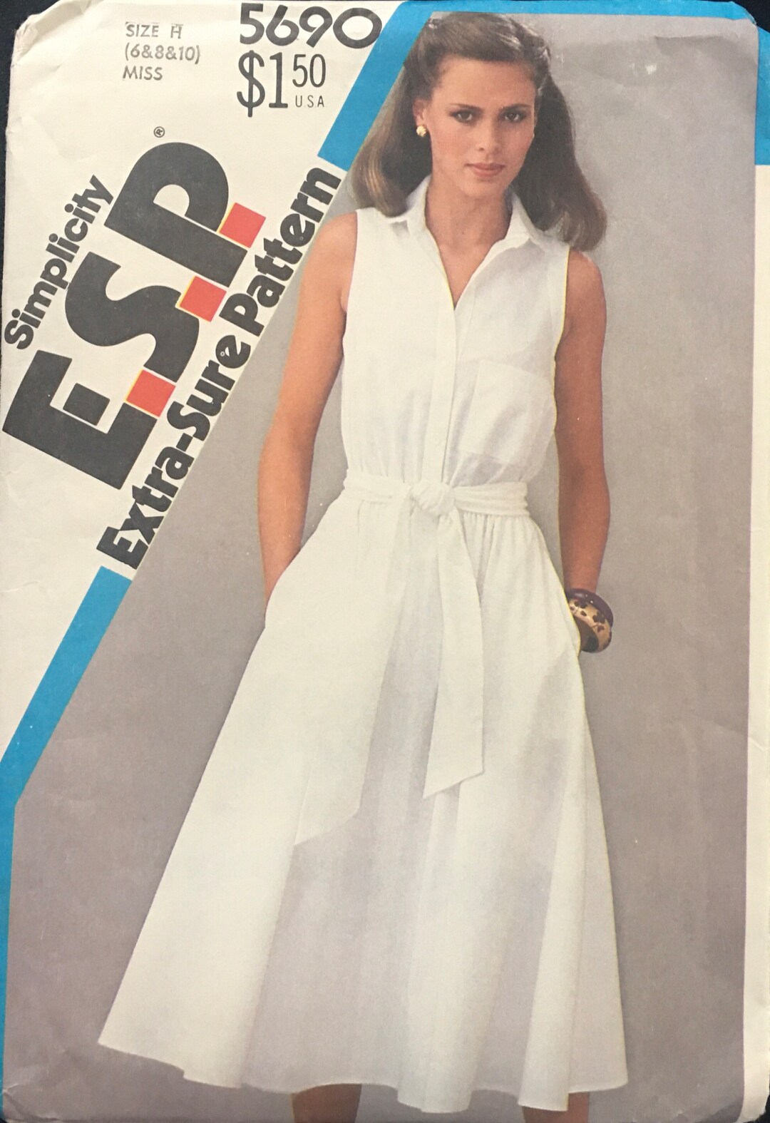 1982 Sizes 6-8-10, UNCUT Simplicity E.S.P. 5690; DRESS, Front Button ...
