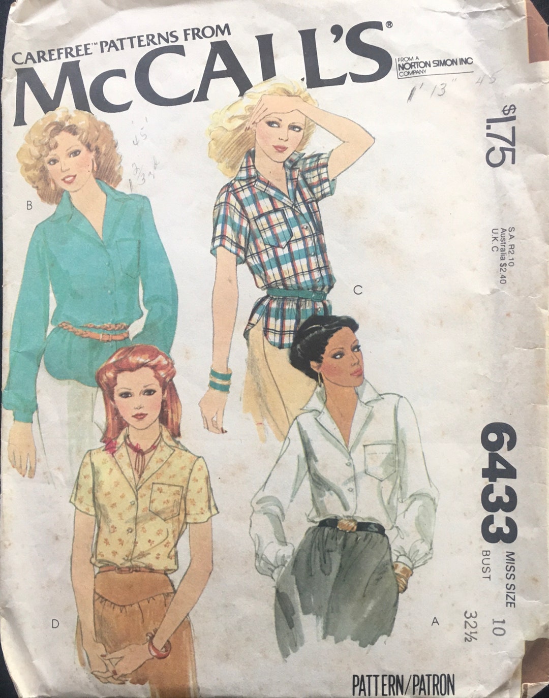 1979 Size 10, Mccall's 6433, SHIRT Pattern, Buttoned Fronts, Collars, Short or Long Sleeves - Etsy
