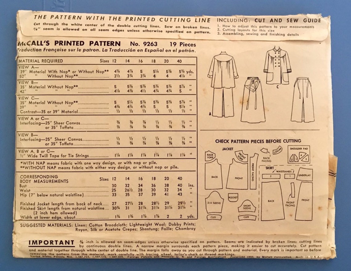 1953 Size 12 MATERNITY, Mccall's 9263; Skirt and Jacket; Classic 50s ...