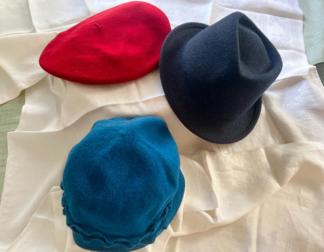 3 HATS: Red Beret, Turquoise Cloche and Dark Blue Heather Fedora; All ...
