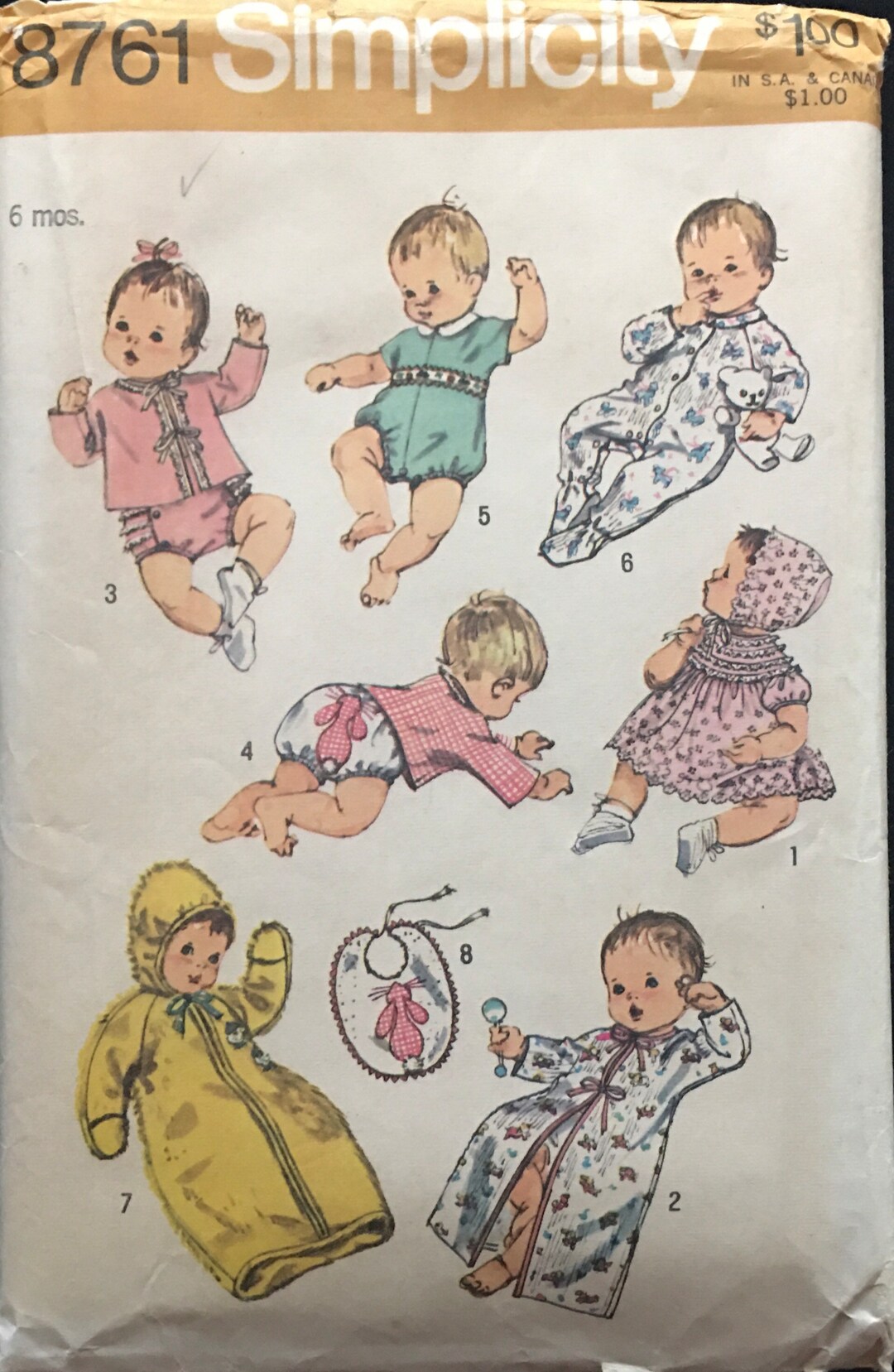 NEWBORN, 1970 UNCUT Simplicity 8761, LAYETTE: Dress, Bonnet, Kimono ...