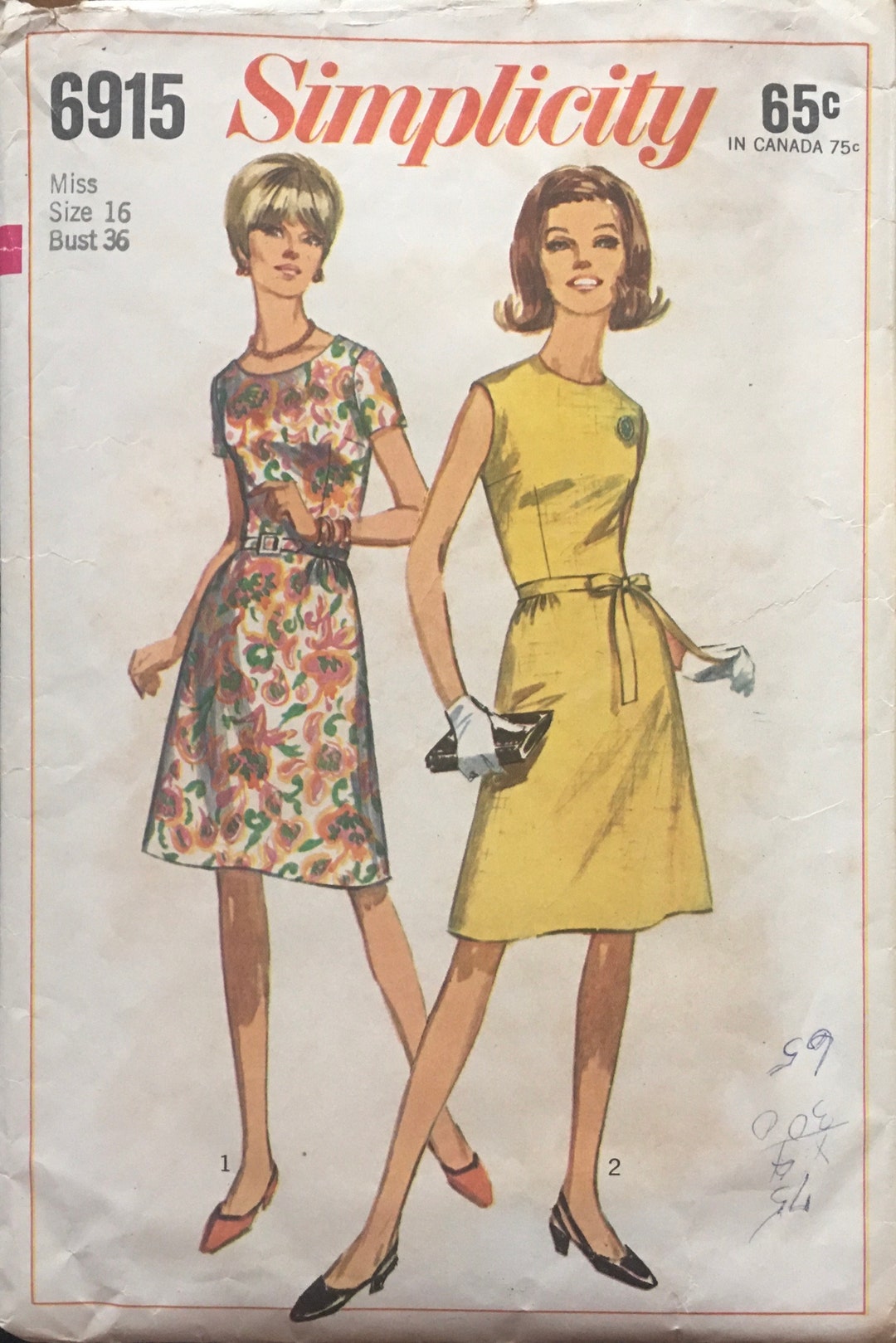1966 Size 16, Simplicity 6916 DRESS Pattern; Sleeveless or Short ...