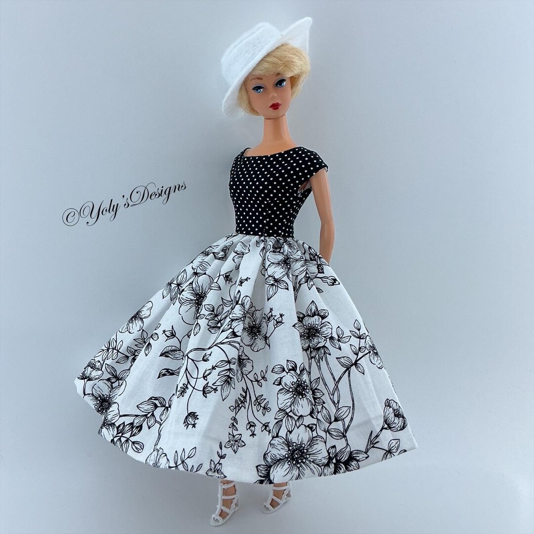 OOAK HANDMADE Black & White Flowers Dress and Hat FITS Barbie Silkstone ...