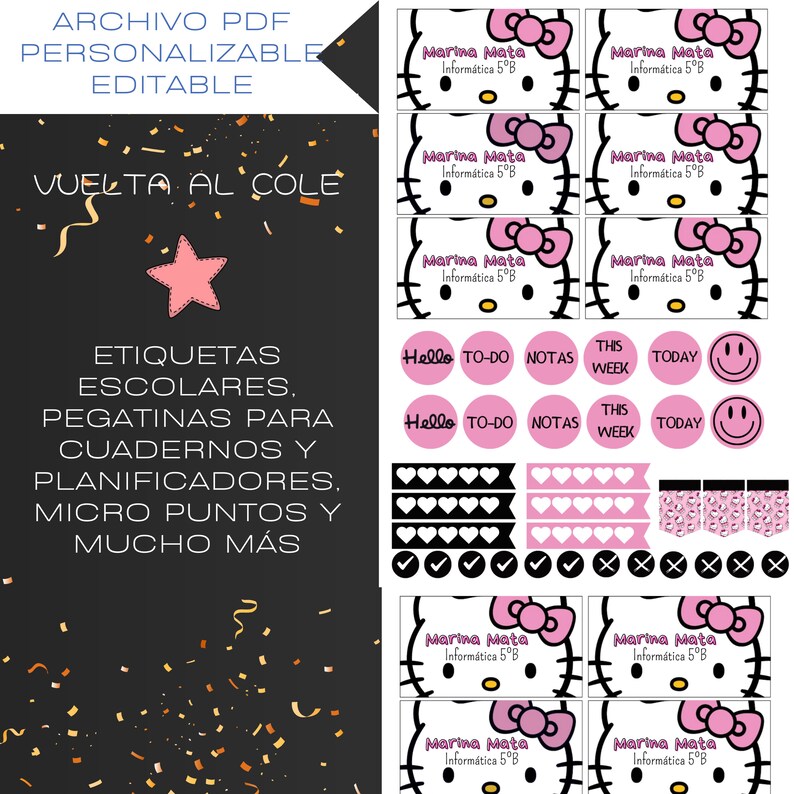 Kitty Sticker School Labels, School Label Template, Editable School ...