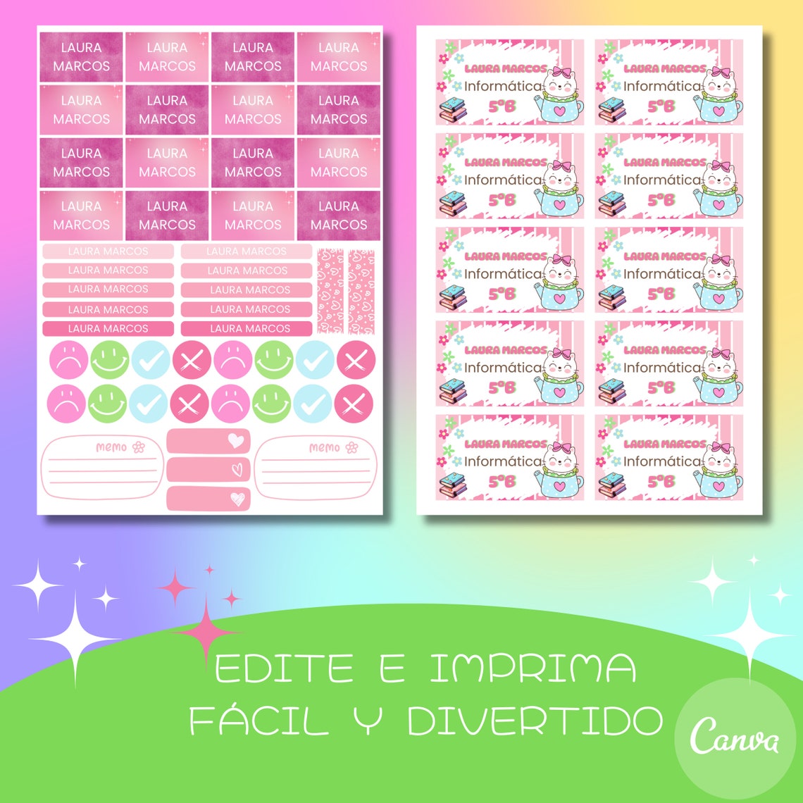 Kawaii Adhesive School Labels, School Labels Template, Editable School ...