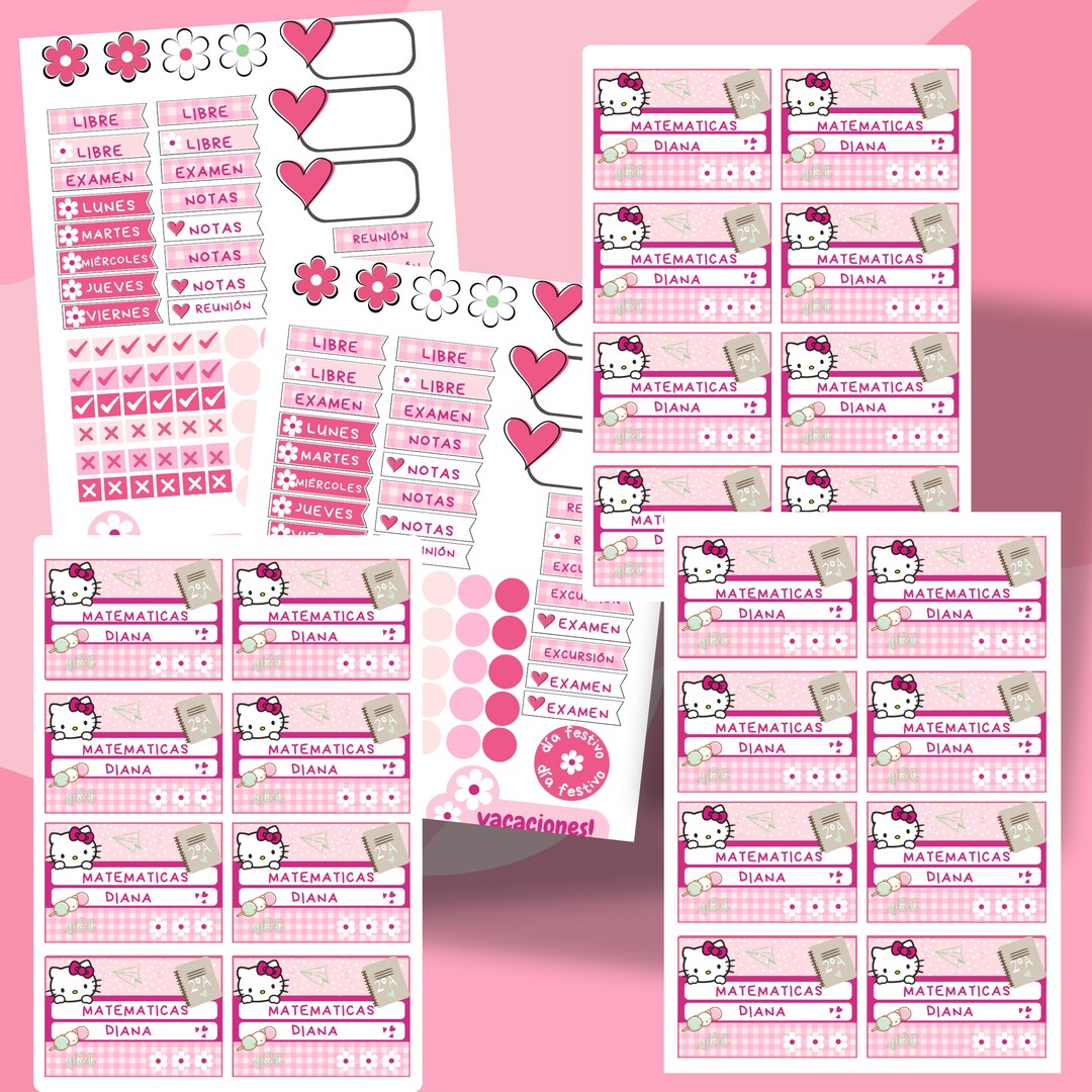 Kitty Sticker School Labels, School Label Template, Editable School ...