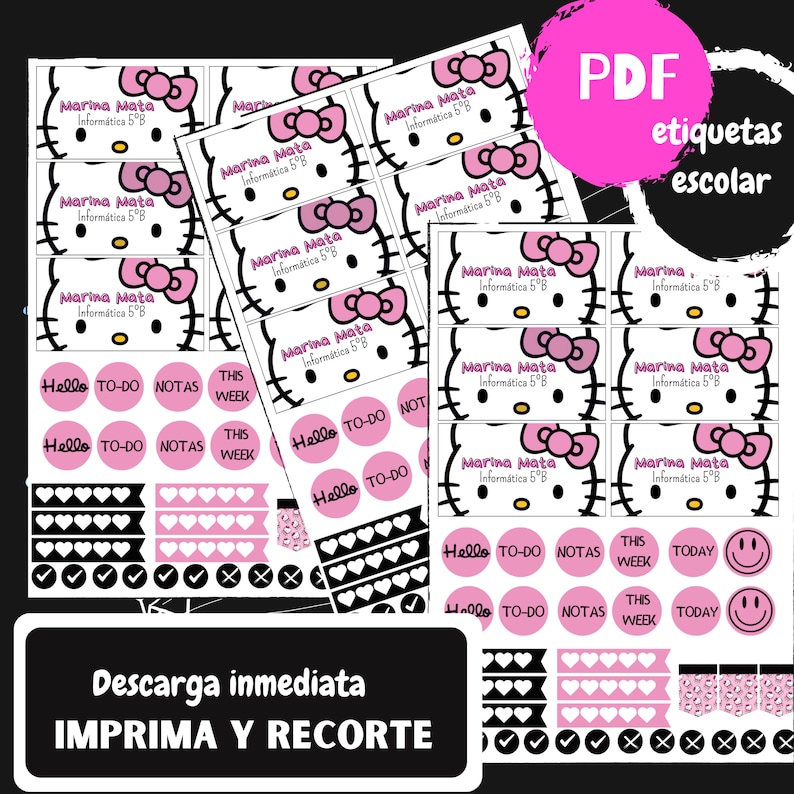 Kitty Sticker School Labels, School Label Template, Editable School ...