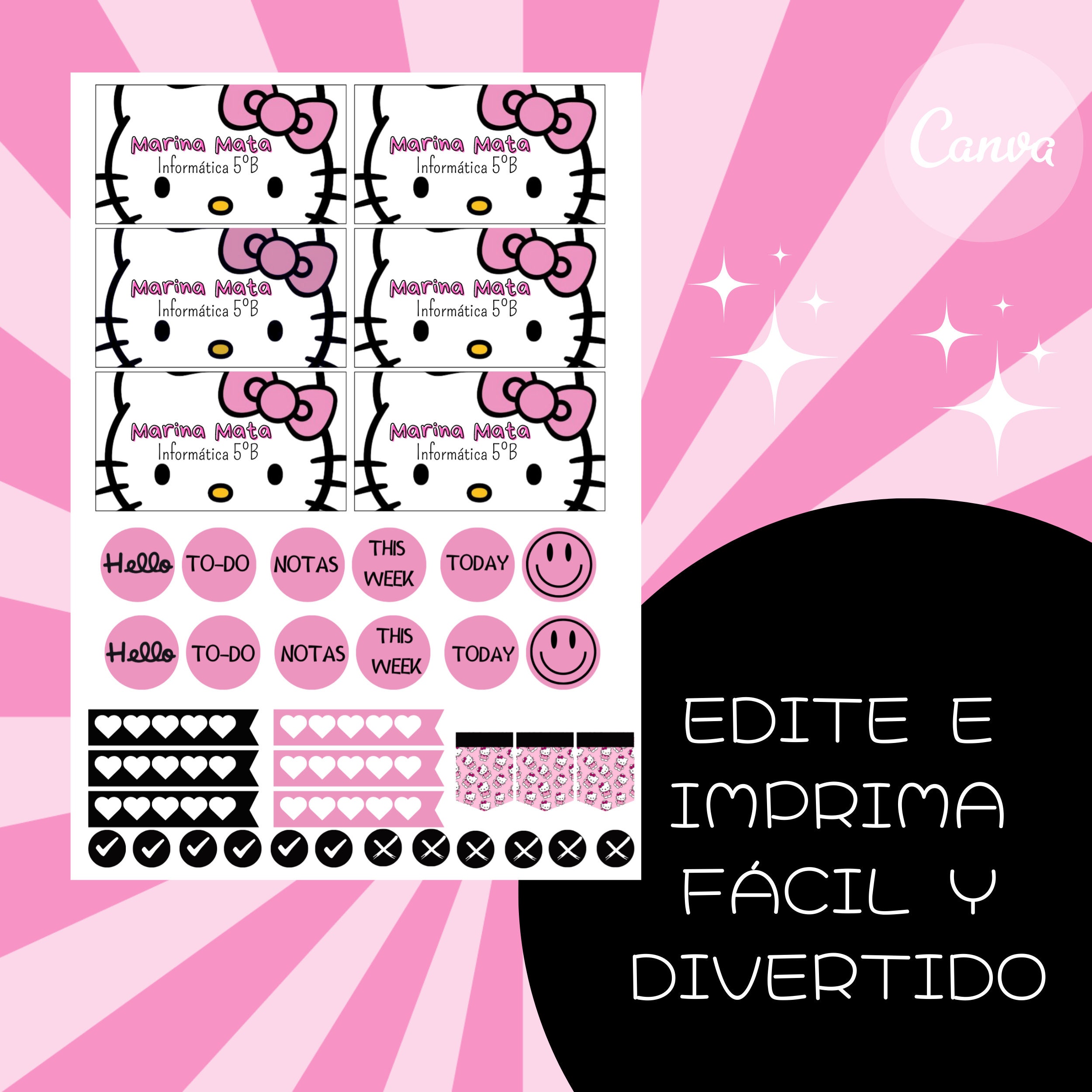 Kitty Sticker School Labels, School Label Template, Editable School ...