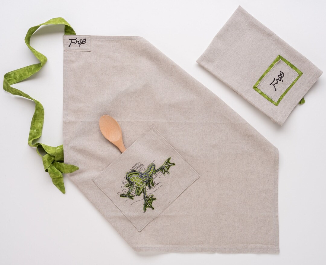 Apron and Dish Dryer Set, Coordinated Kitchen, Frog Embroidery ...