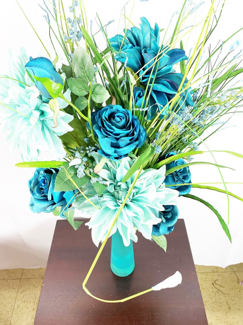 Teal Rose Flower Arrangement Artificial Centerpiece Silk - Etsy