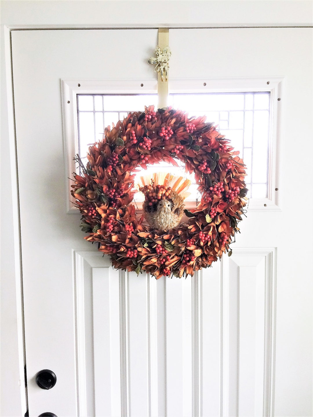 Turkey Fall Wreath: Wood Shaving Flowers & Sisal Turkey - Etsy