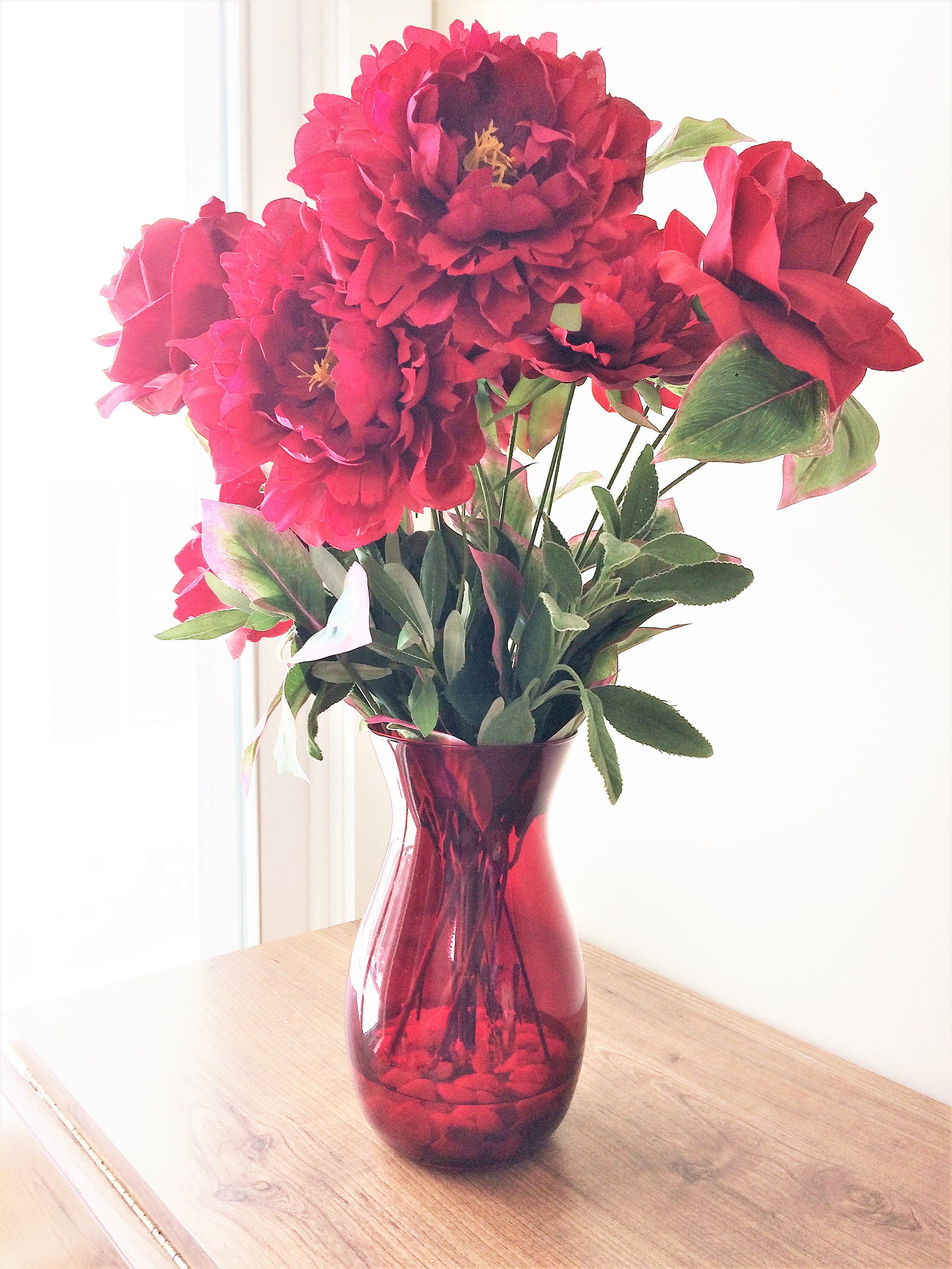 Red Peony Flower Arrangement Valentines Day Centerpiece | Etsy