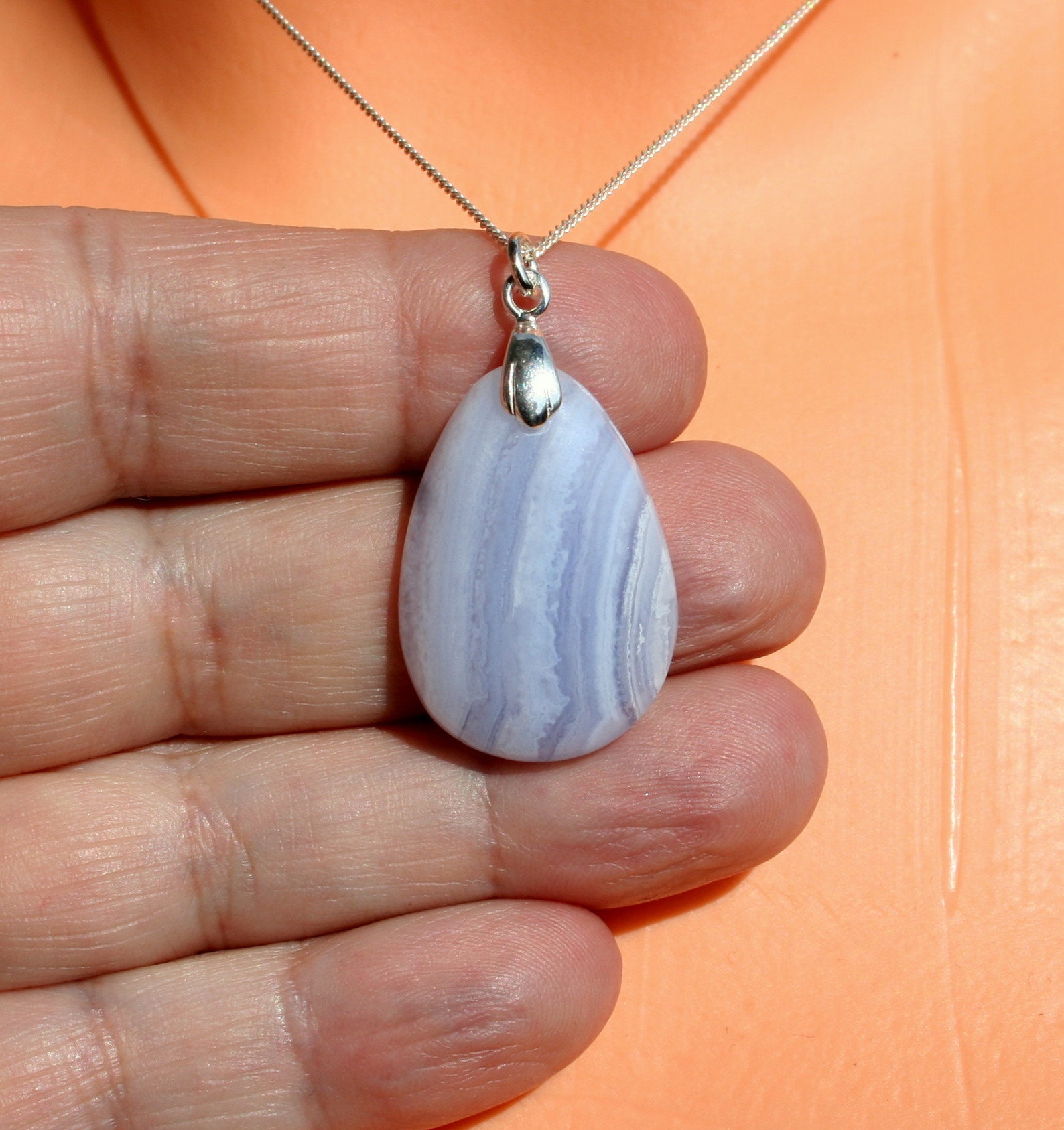Blue Lace Agate Necklace, Chalcedony Necklace, Blue Lace Agate Pendant ...