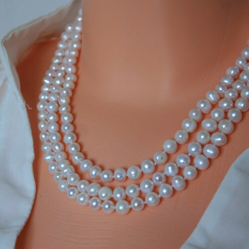 Cultured Freshwater Three Strand White Bridal Pearl Necklace Etsy