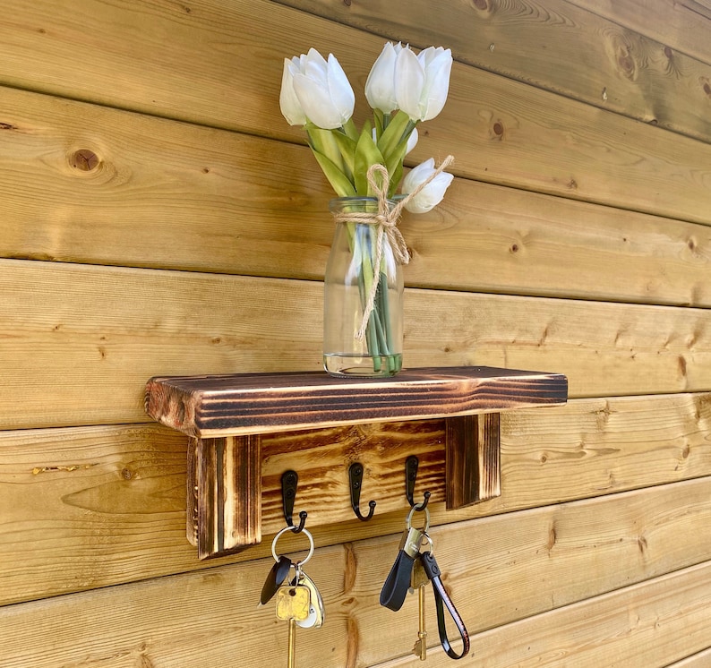 Wooden Key Ring Holder With Shelf Rustic Key Holder Key - Etsy