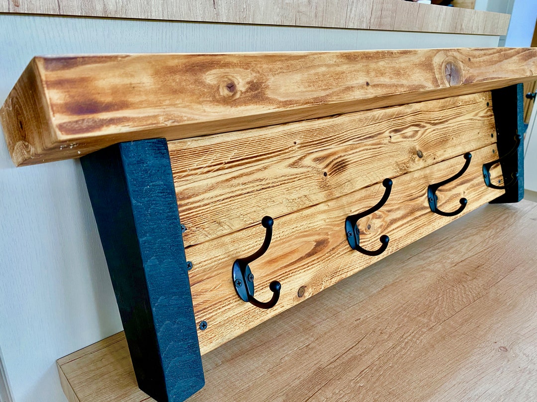 Handcrafted Rustic Wooden Coat Hook Holder With Shelf, Wooden Coat Rack ...