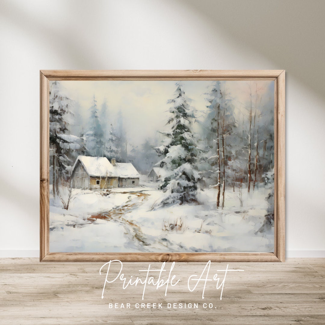 Cabin Painting Printable Art, Rustic Winter Oil Print, Vintage Cottage ...