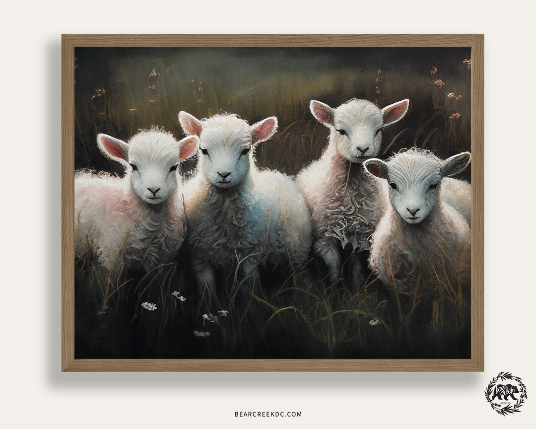 Spring Baby Lamb Print Sheep in the Meadow Painting Print Vintage Oil ...