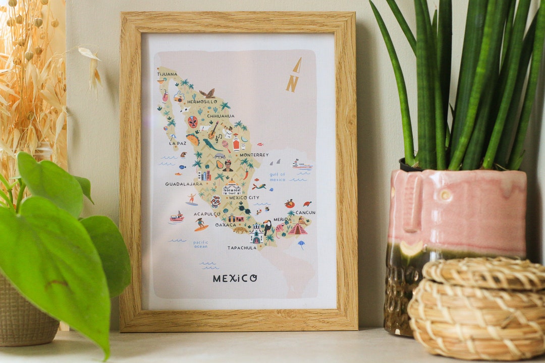 Mexico Illustrated Map / Print /wall Art / Travel Gift - Etsy