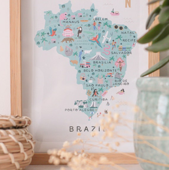 Brazil Illustrated Map / Print /wall Art / Travel Gift - Etsy