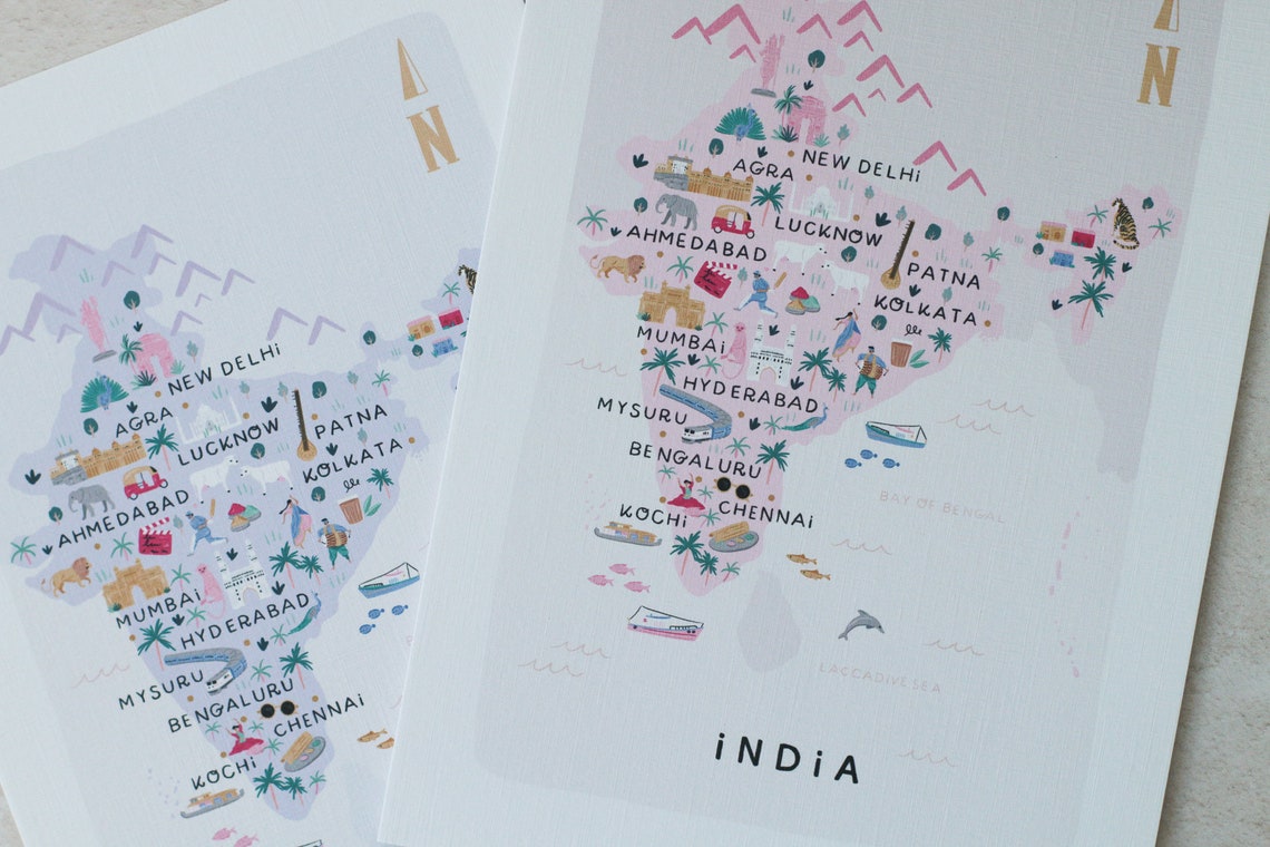 India Illustrated Map / Print /Wall Art / Travel Gift | Etsy