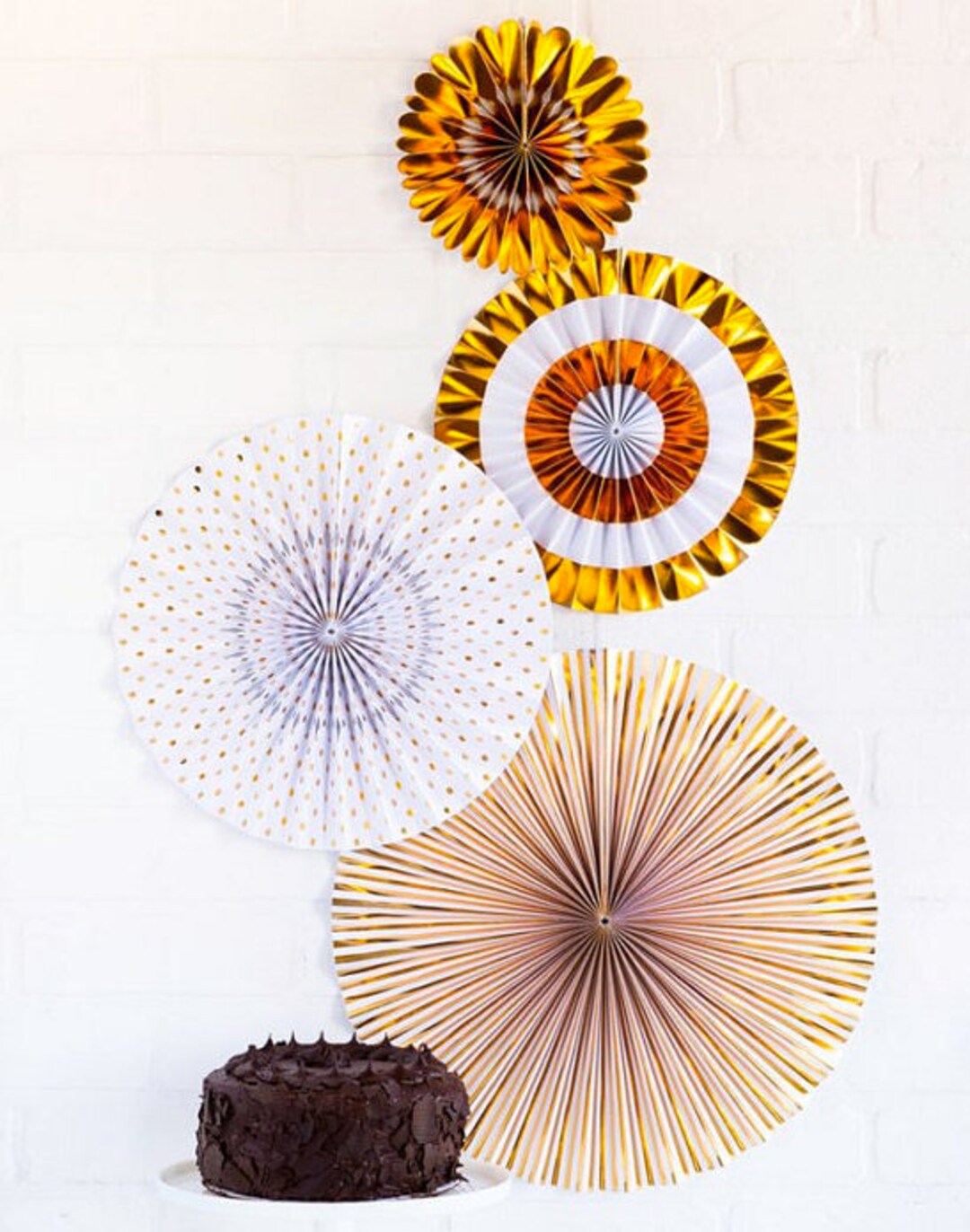 4 GOLD PAPER FANS Pinwheels Hanging Fan Rosettes, Backdrops, Paper Fan ...