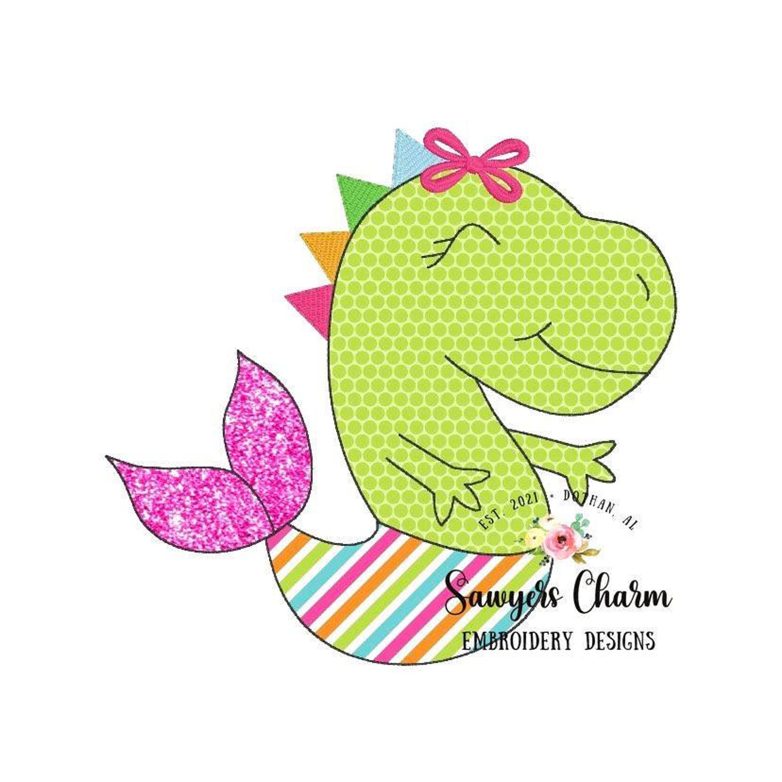 Dinosaur Mermaid Bean Stitch Applique, Machine Embroidery Design, Sea ...