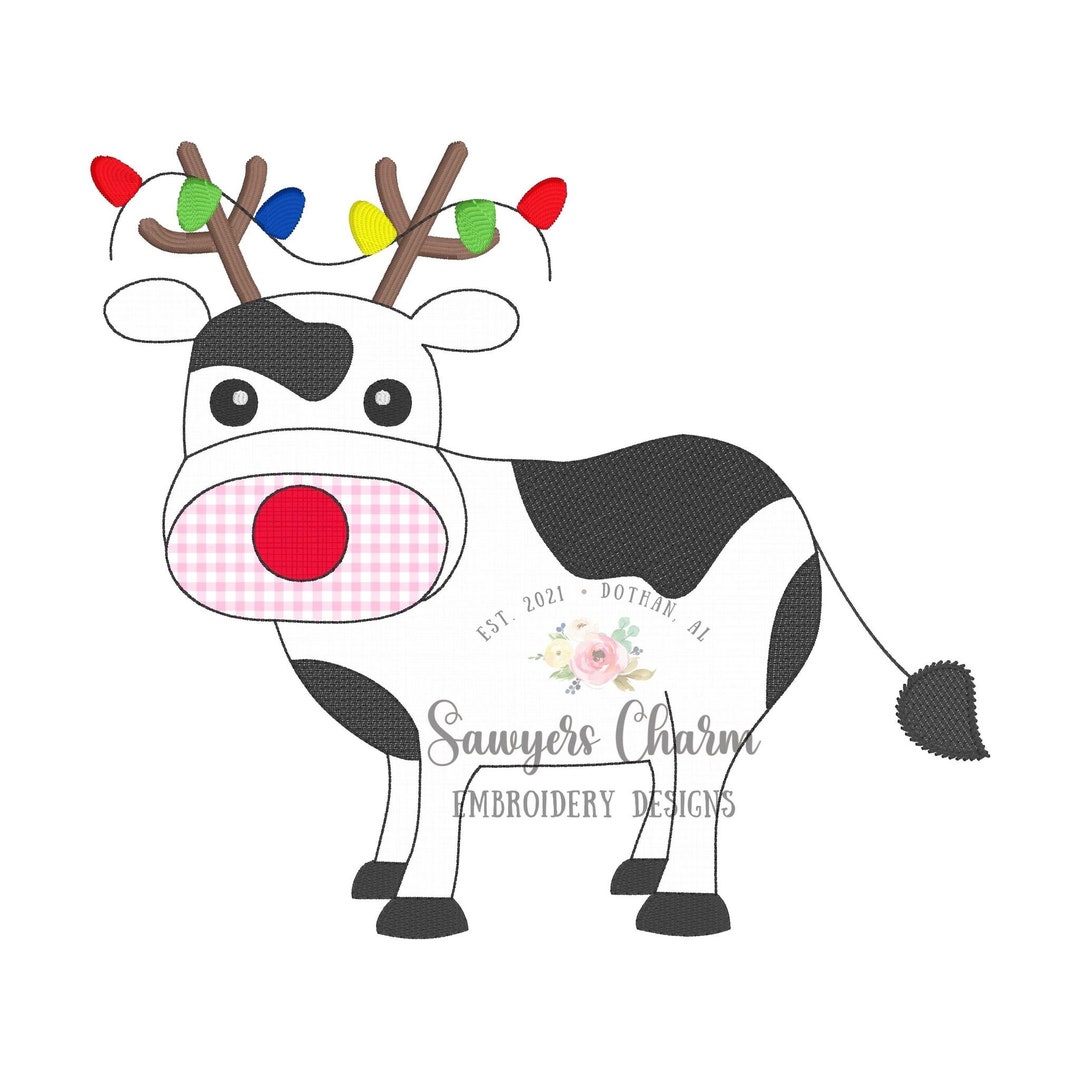 Christmas Cow Rudolph Nose/antlers With Lights Bean Stitch Applique ...