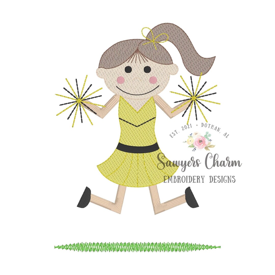 Cheerleader With Ponytail & Pompoms Sketch Stitch Machine Embroidery ...