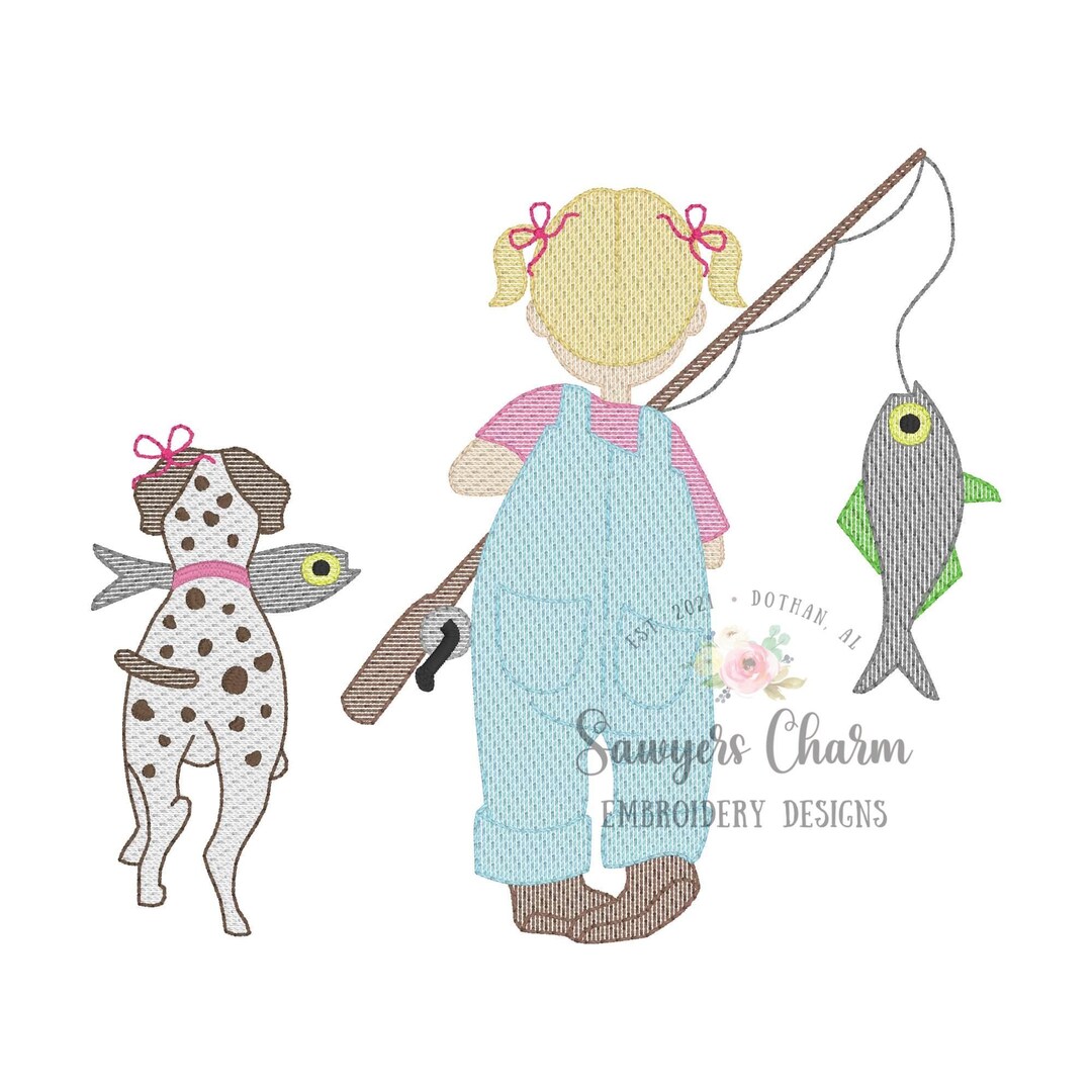 Little Girl Fishing With Pointer Spotted Dog Sketch Stitch Machine ...
