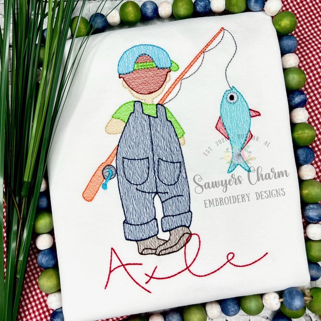 BUNDLE Little Girl AND Boy Fishing Sketch Stitch Machine Embroidery ...