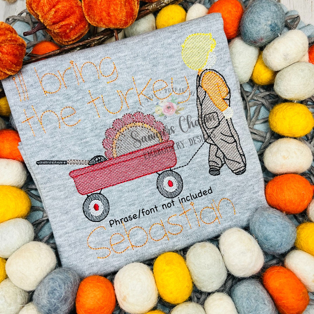 Little Boy Turkey Hunting Pulling Wagon Sketch Stitch Machine ...