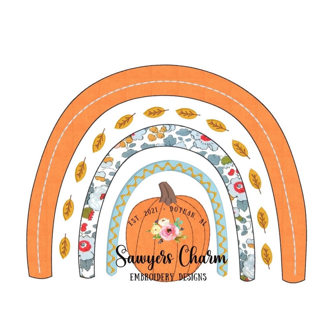 Fall/autumn Boho Pumpkin Rainbow With Leaves Machine Applique - Etsy