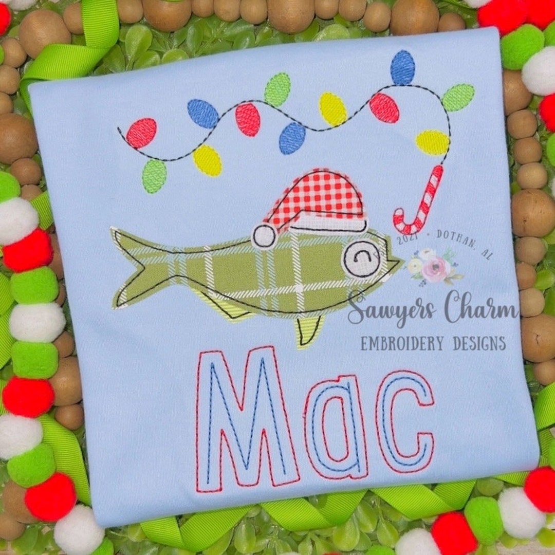 Christmas Santa Fish Bean Stitch Machine Applique Design File, Fishing ...