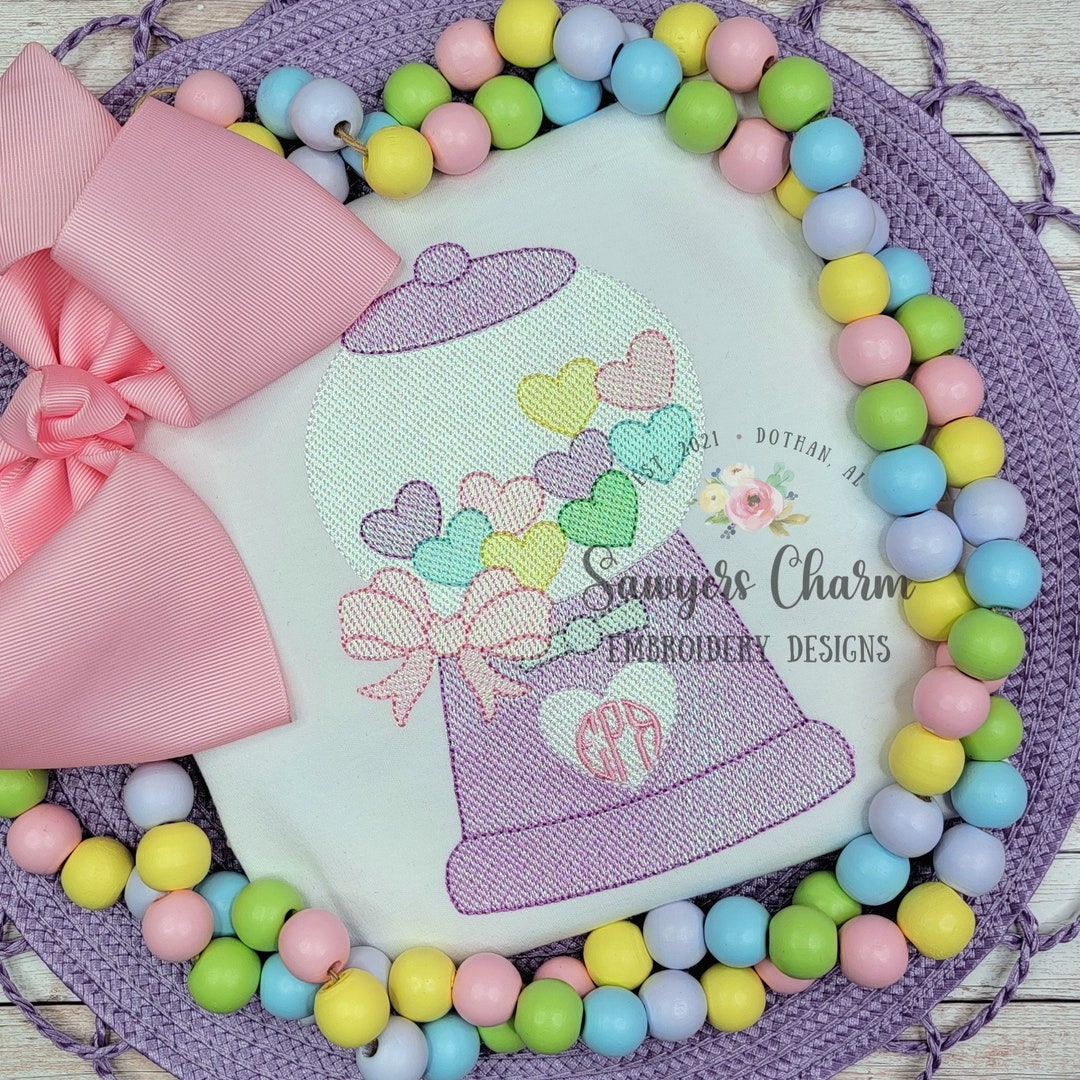 Heart Gumball Machine With Coquette Bow Sketch Stitch Embroidery Design ...