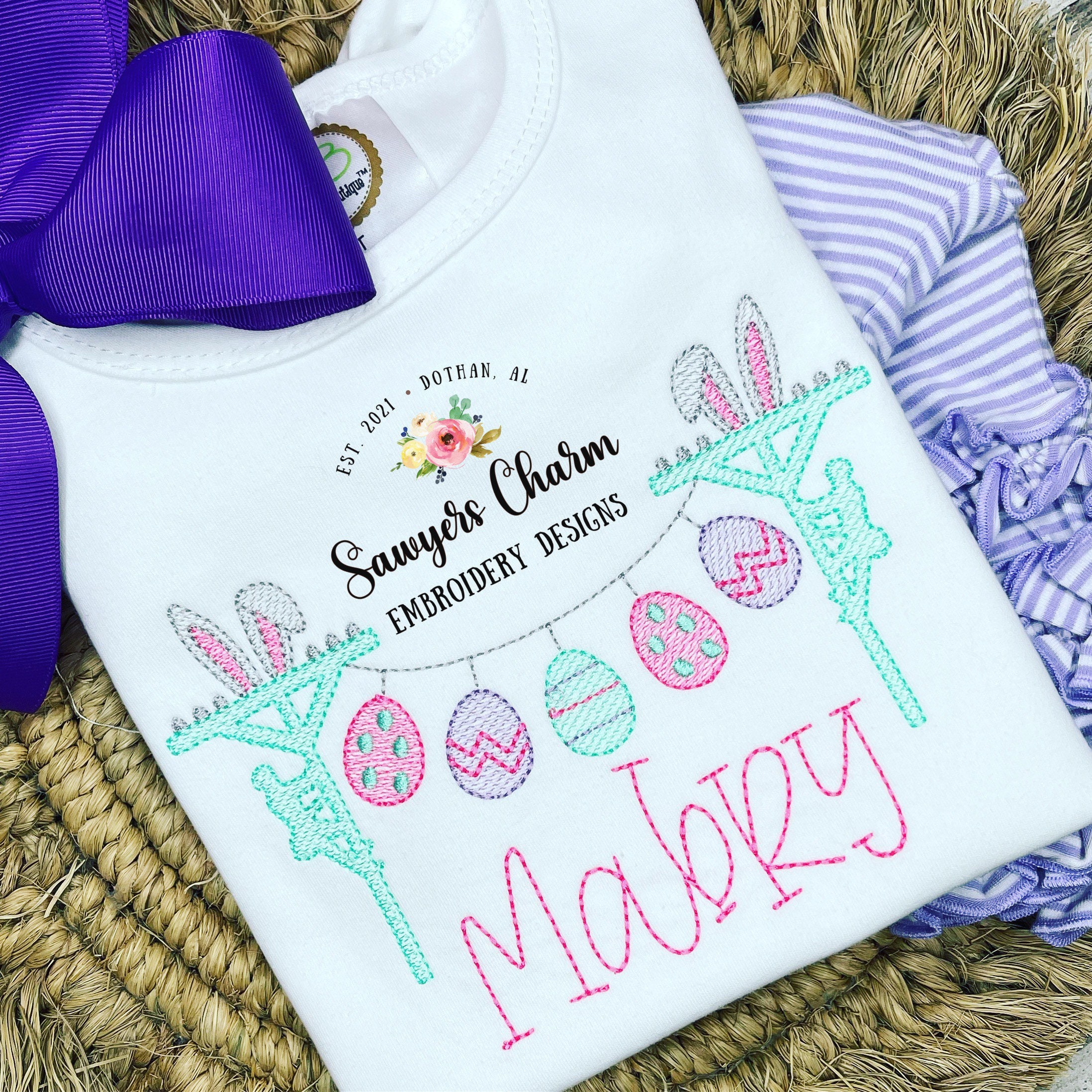 Easter Bunny Ears Lineman With Eggs Bunting Banner, Sketch Stitch ...