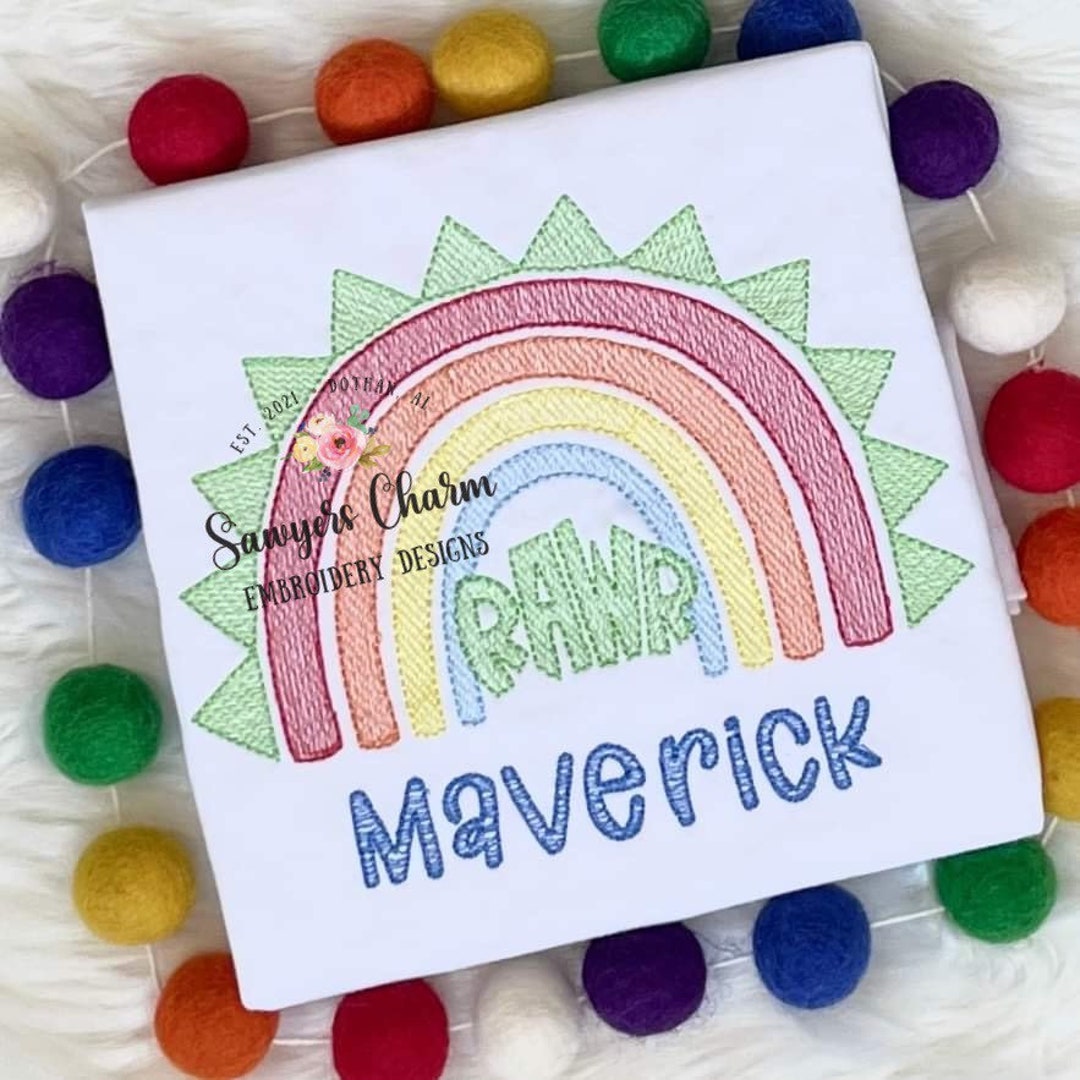 Dinosaur Rainbow RAWR Sketch Stitch Machine Embroidery Design File ...