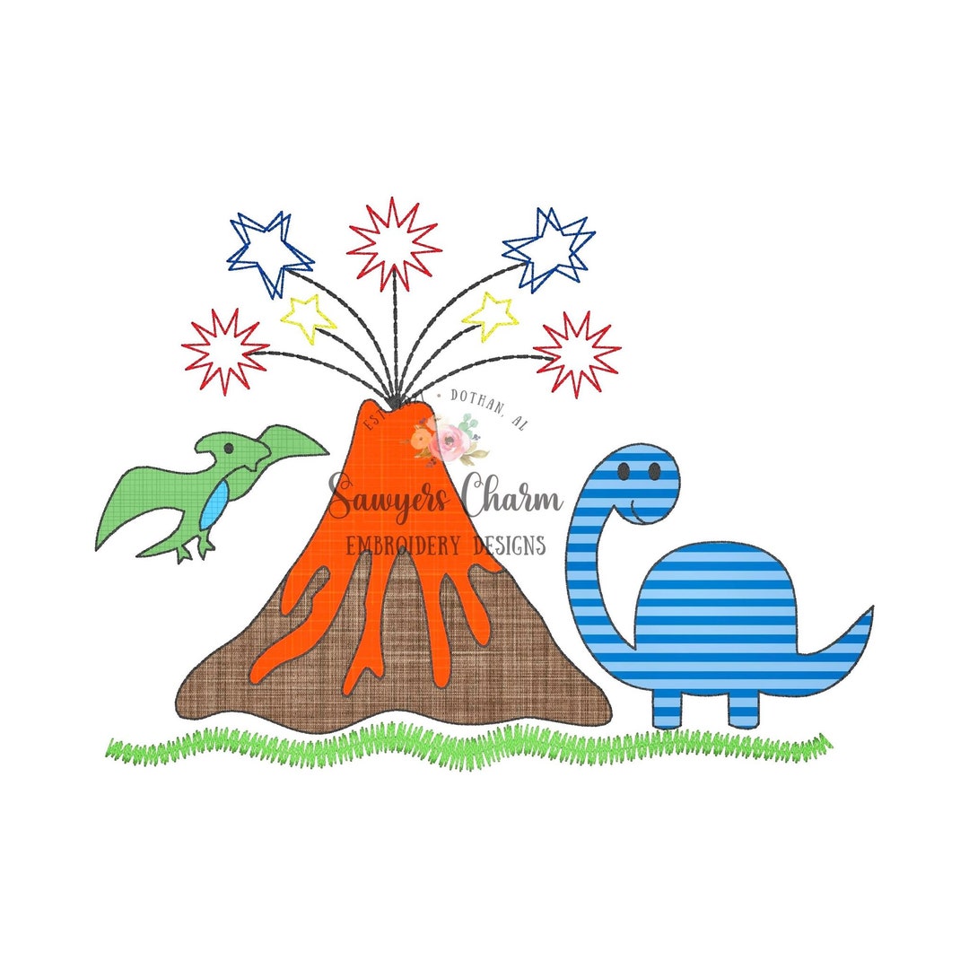 Patriotic Dinosaur & Volcano With Fireworks Bean Stitch Applique ...