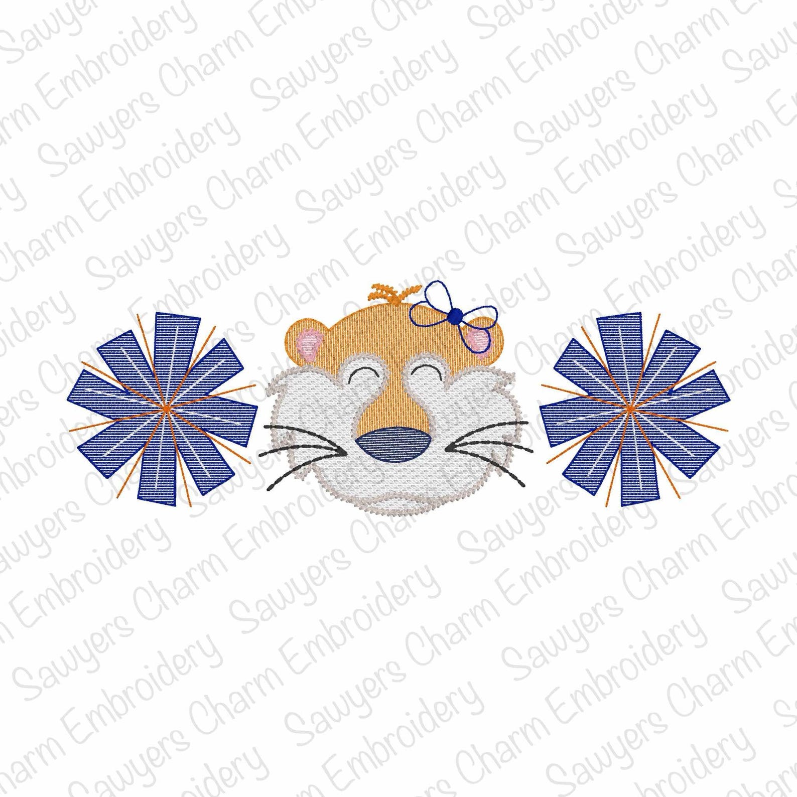 Tiger & Pom Poms Trio, Sketch Stitch Embroidery Design, Fall Sports ...