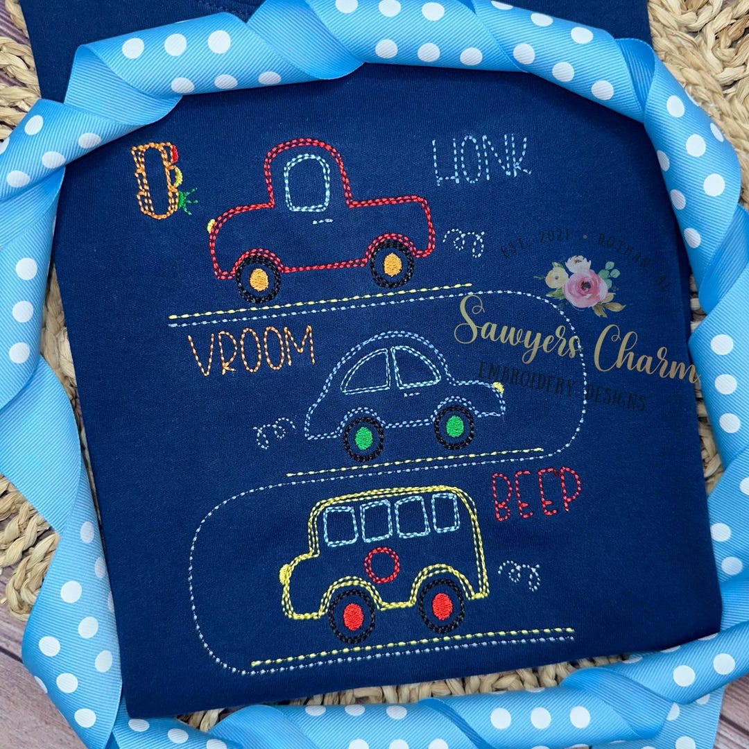 Squiggly Truck, Car, Bus Trio Bean Stitch Machine Embroidery Design ...