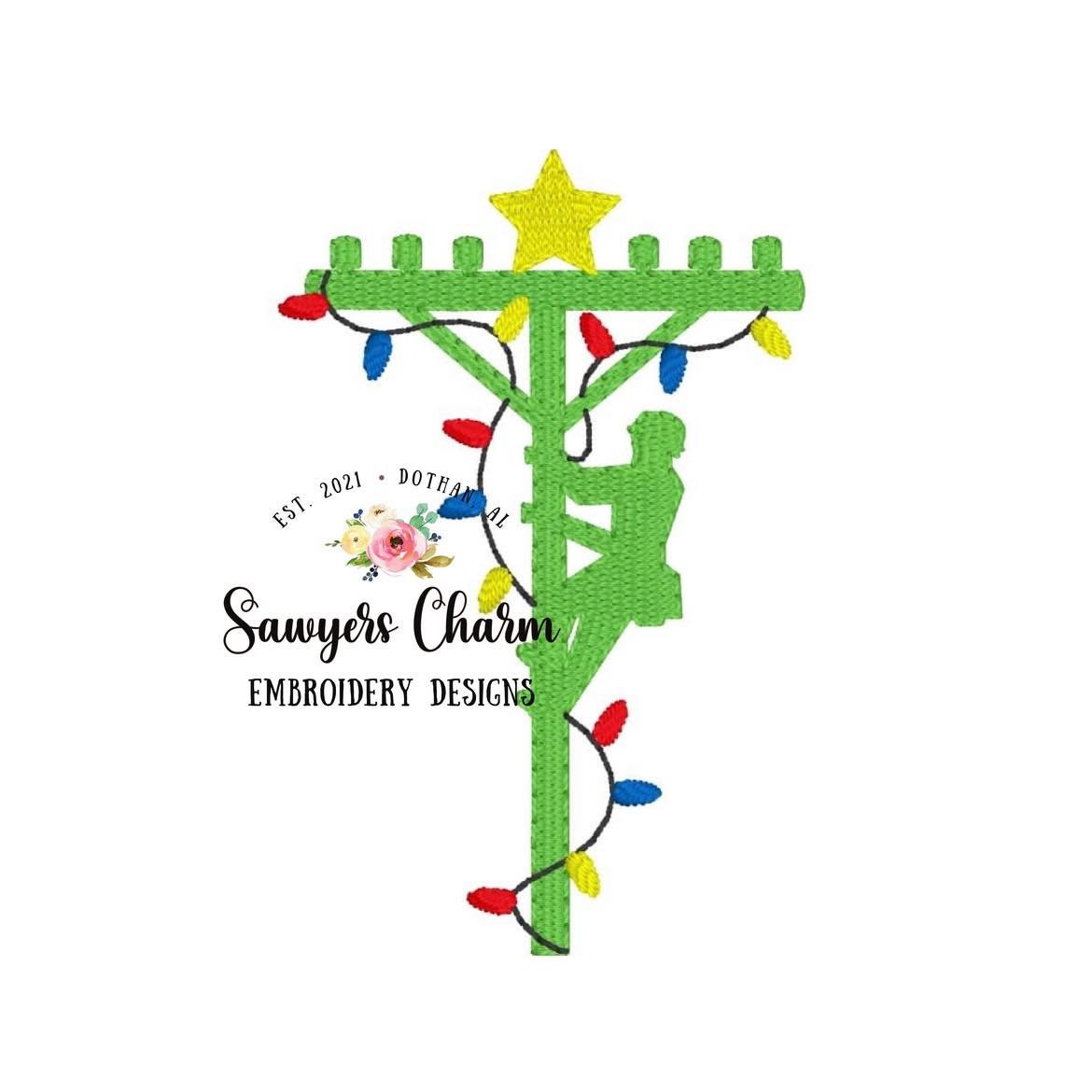 Mini Fill Christmas Lineman With Lights and Star Machine Embroidery ...