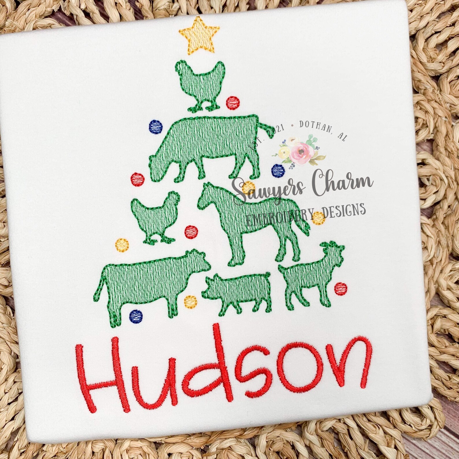 Farm Animals Christmas Tree With Star Sketch Stitch Machine Embroidery ...